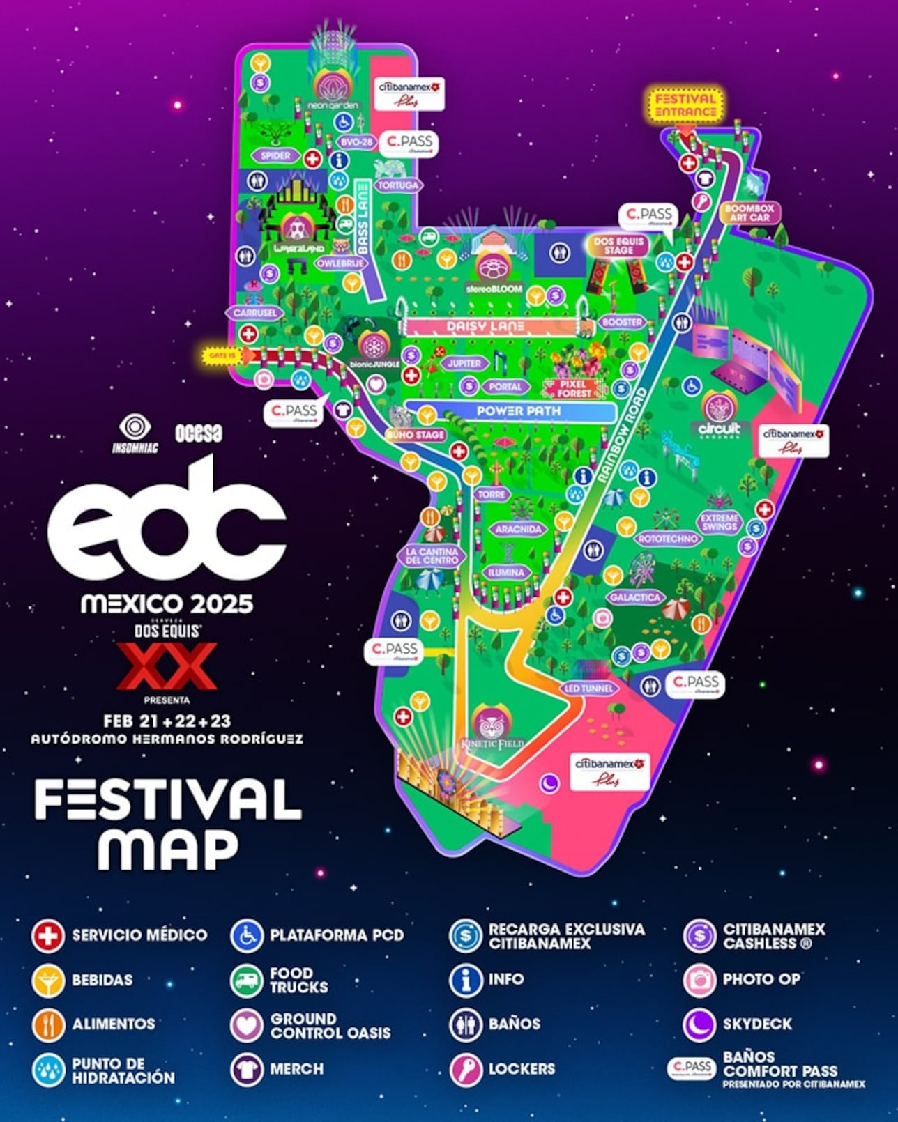Así es el mapa del EDC México 2025: puntos de interés, lockers, baños ...